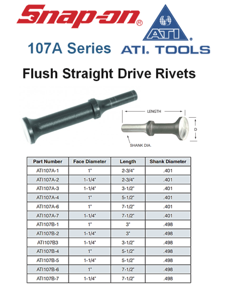 ATI® TOOLS 107A Σειρά Χωνευτά Ίσια Πριτσίνια SKU: ATI-RVT-107A
