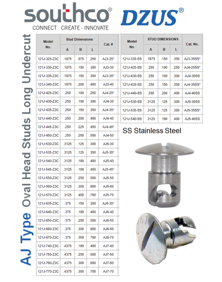 SOUTHCO® DZUS® AJ Type Oval Head Studs Long Undercut SKU: DZUS-STUD-AJ