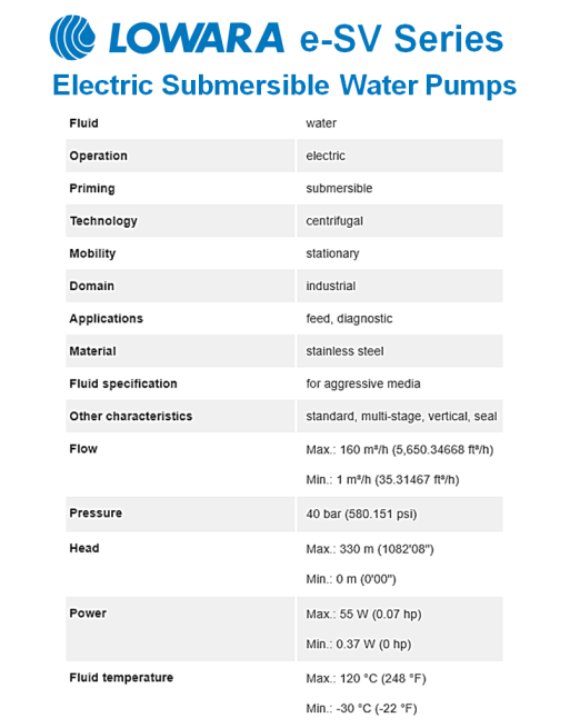 XYLEM LOWARA e-SV™ Series Electric Industrial Vertical Multistage Stainless Steel Water Pumps ...