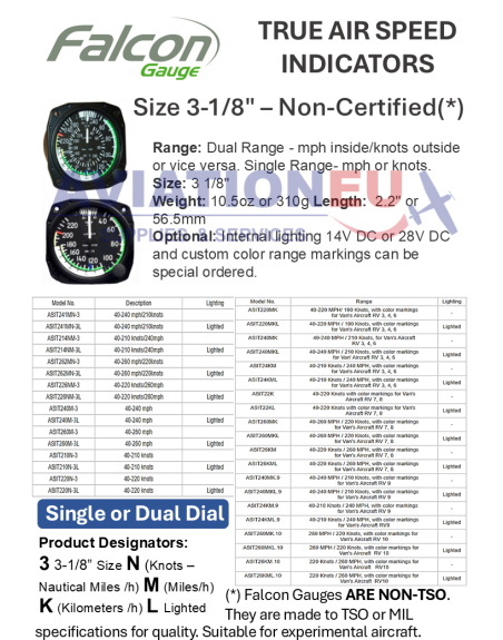 FALCON GAUGE True Air Airspeed Indicators (Non Certified) SKU: FLCN-ASIT